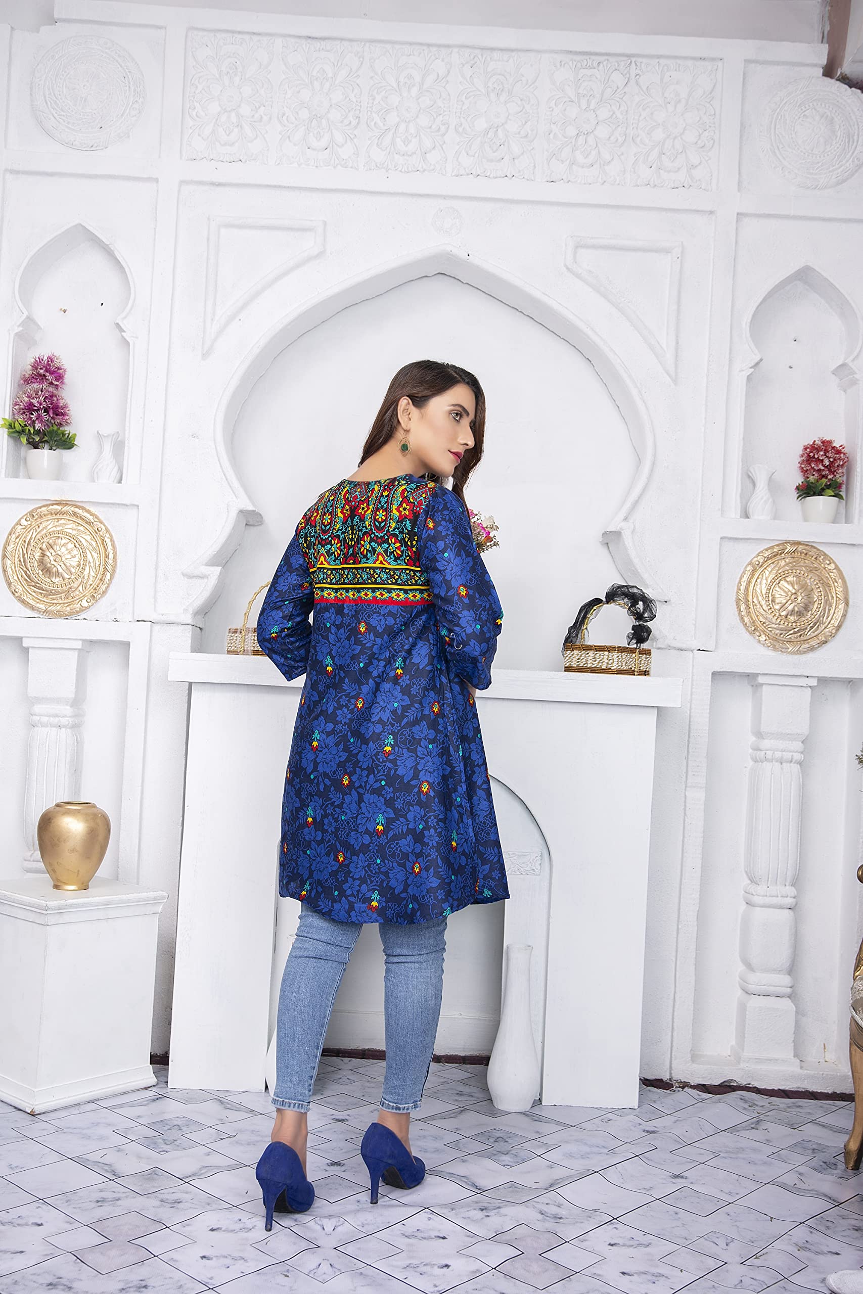 IshDeena Pakistani Kurtis for women Indian Style Cotton Tunics Womens Tops Printed Lawn (Small, Midnight Blue)