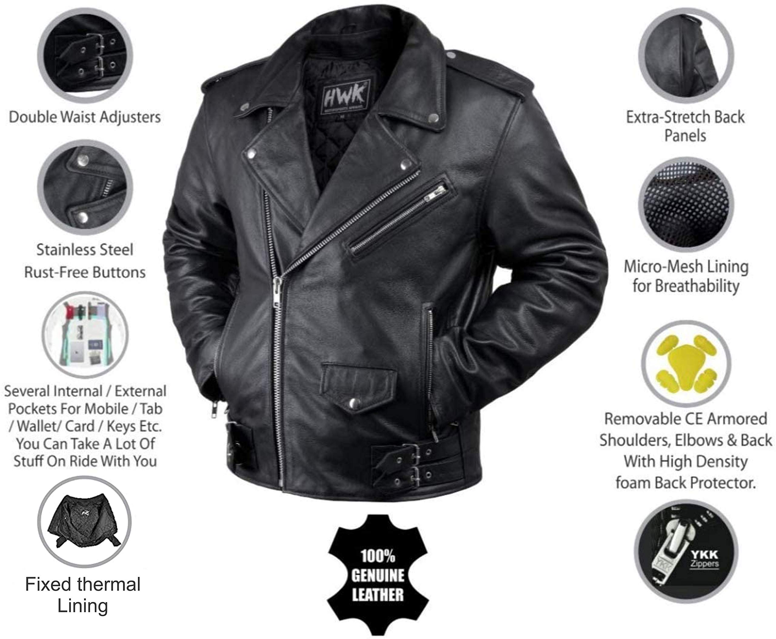HWK Brando Leather Motorcycle Jacket for Men, Genuine Black Leather Jacket with Removable CE Armor & Micro Polyester Thermal Lining for Weather & Water Resistant Enduro Motorbike Riding - XX Large