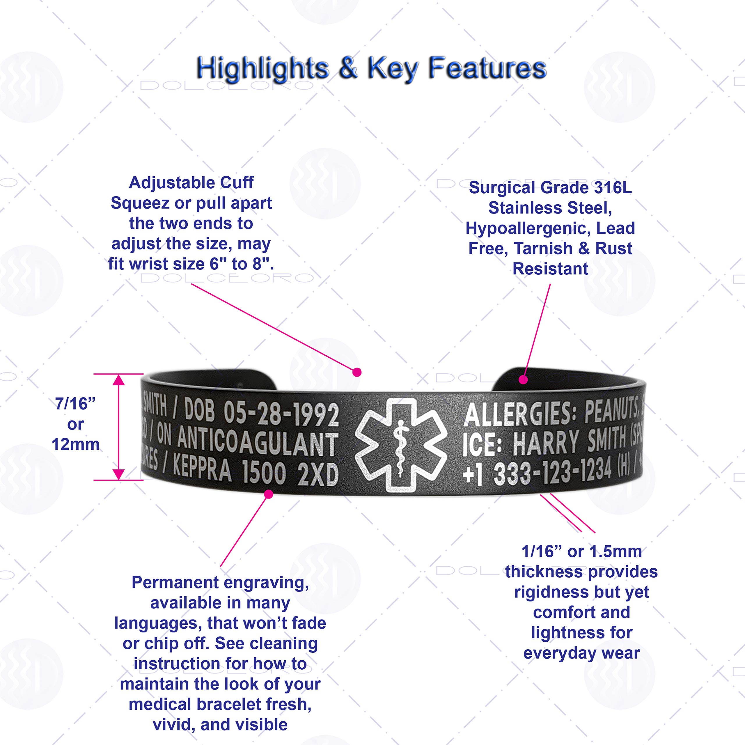Medical Alert ID Bracelet Cuff 14mm Wide, 316L Stainless Steel - Customize and Personalize 8 Lines with Your Conditions