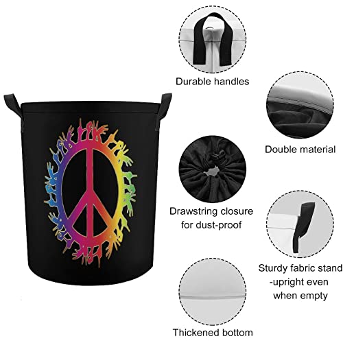 Peace Sign Laundry Basket Round Collapsible Storage Bin with Drawstring and Handle for Bedroom Bathroom Toys Room 17.3" X 13.8"