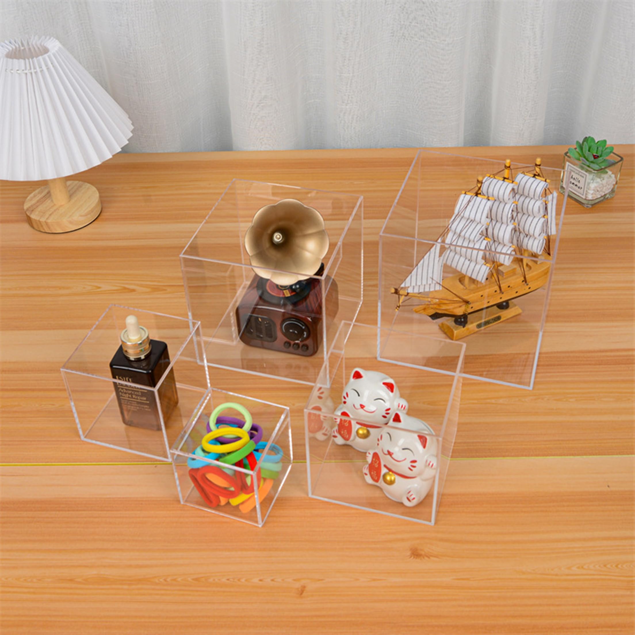 Set of 5 Crystal Clear Acrylic Cube Display Boxes Acrylic Stand Risers Transparent Square Cube Containers, Decorative Acrylic Storage Boxes with Lids for Collectibles,Wedding, Party, Treats, Jewelry