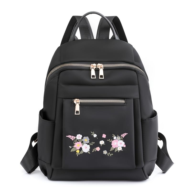 Kteubro Nylon Flower Embroidery Backpack, Large Capacity Laptop Bag With Adjustable Strap For Work & Travel