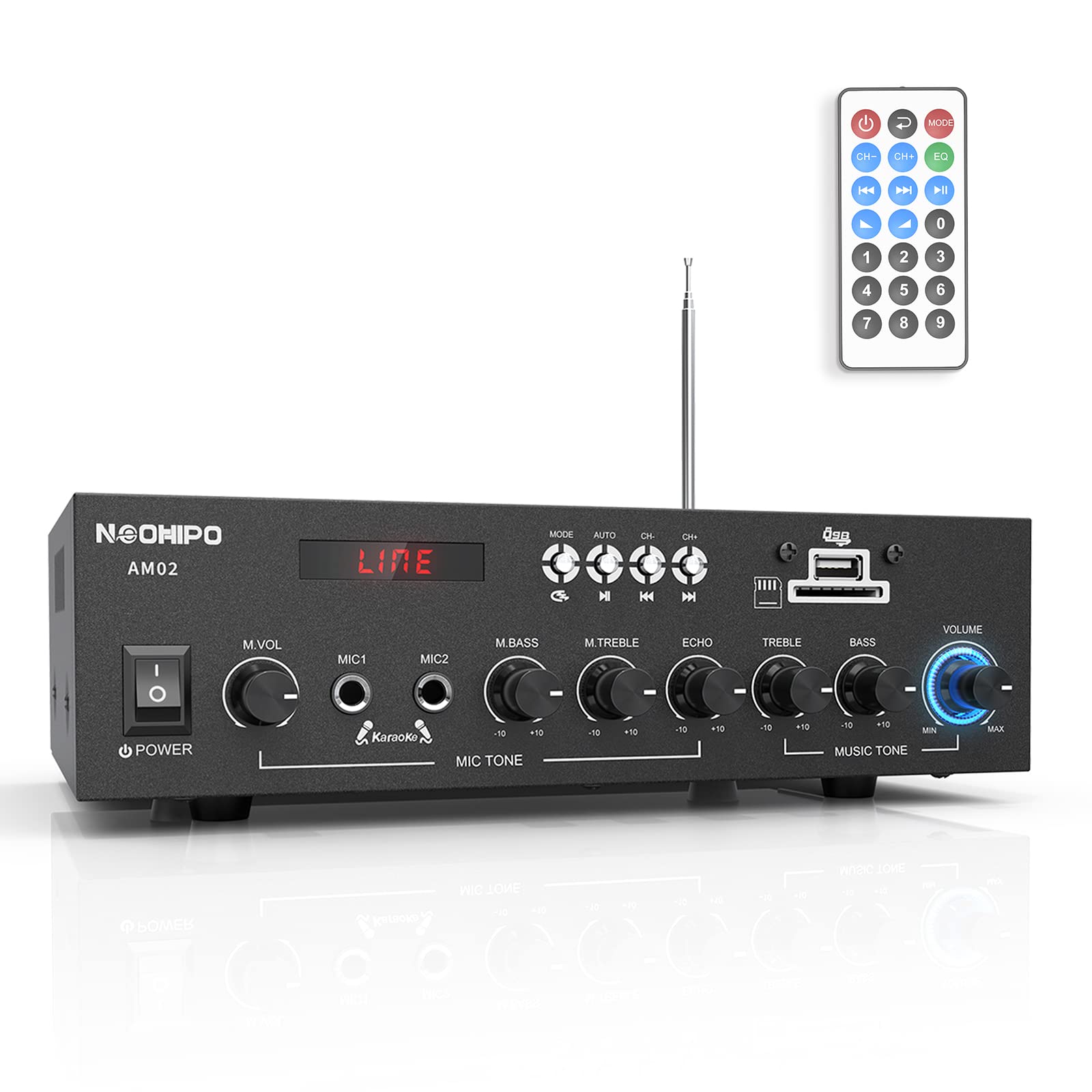 NEOHIPO AM02 300W Bluetooth 5.0 Class AB Stereo Power Amplifier 2.0CH Audio Receiver Amp for Home Theater Entertainment Studio Use with Wireless/RCA/USB/SD Card/Karaoke Input