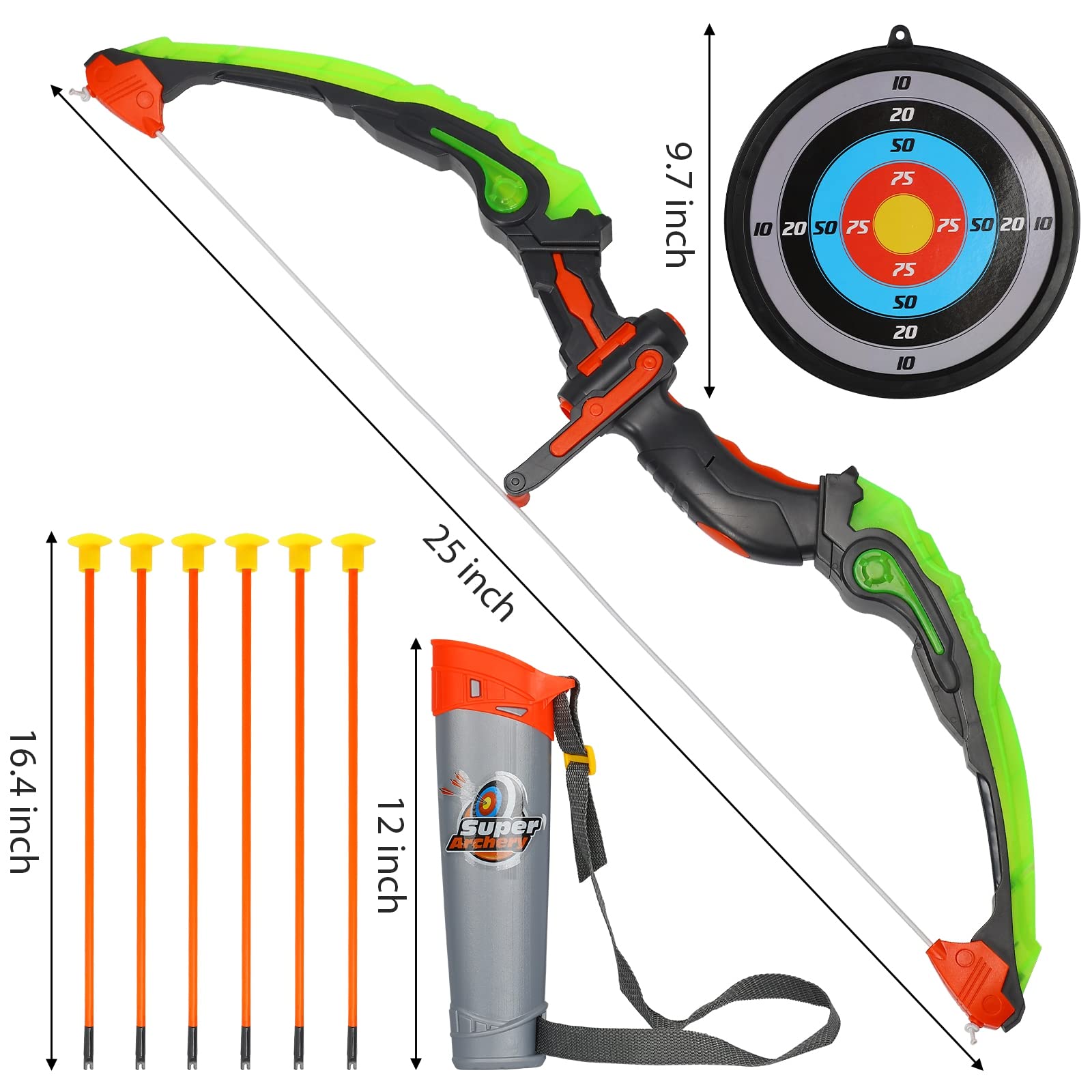 MorTime 2 Pack Bow and Arrow Set with LED Flash Lights, Practice Outdoor Toys for Kids ,Green Light Up Archery Toy Set -includes 6 Suction Cup Arrows
