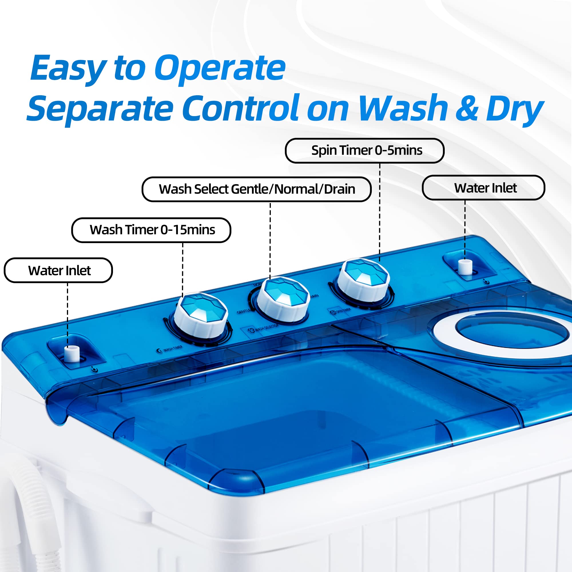 Kumcahom Portable Washer 26Lbs Capacity Washing Machine and Dryer Combo Twin Tub Laundry Washer(18Lbs) & Spinner(8Lbs) with Built-in Gravity Drain Pump,for Apartment,Dorms,RV Camping (BLUE+WHITE)