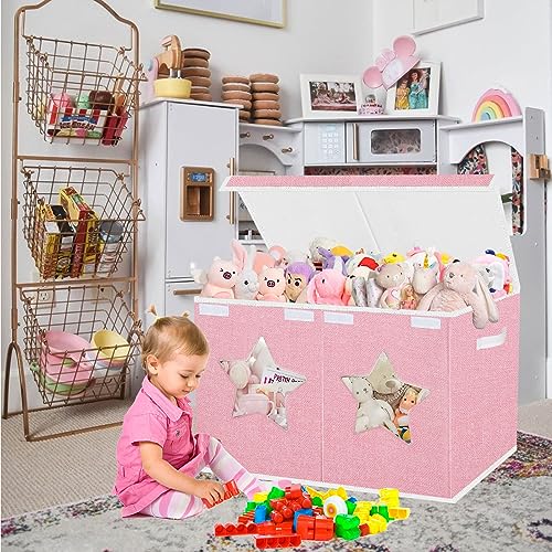 Xmasorme Large Toy Box for Girls, Toy Chest Box Organizer Bins with Star Transparent Windows, Sturdy Handles and Mesh Bag, Foldable Large Size Storage Box for Nursery, Playroom, Bedroom