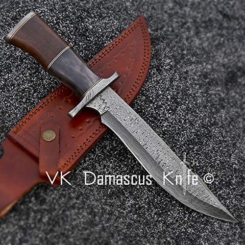 JNR Traders Damascus Steel Full Tang Fixed Blade Hunting Knife with Leather Sheath - 3079