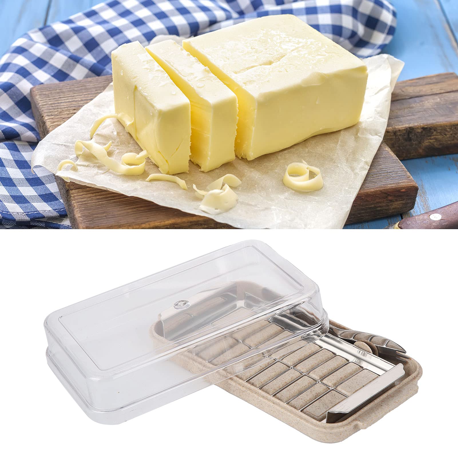 Milltrip Butter Dish, Stainless Steel Butter Cutter Container Multi-Purpose Butter Storage Box with Transparent Cover forCream Cheese Cake(wheat bottom)
