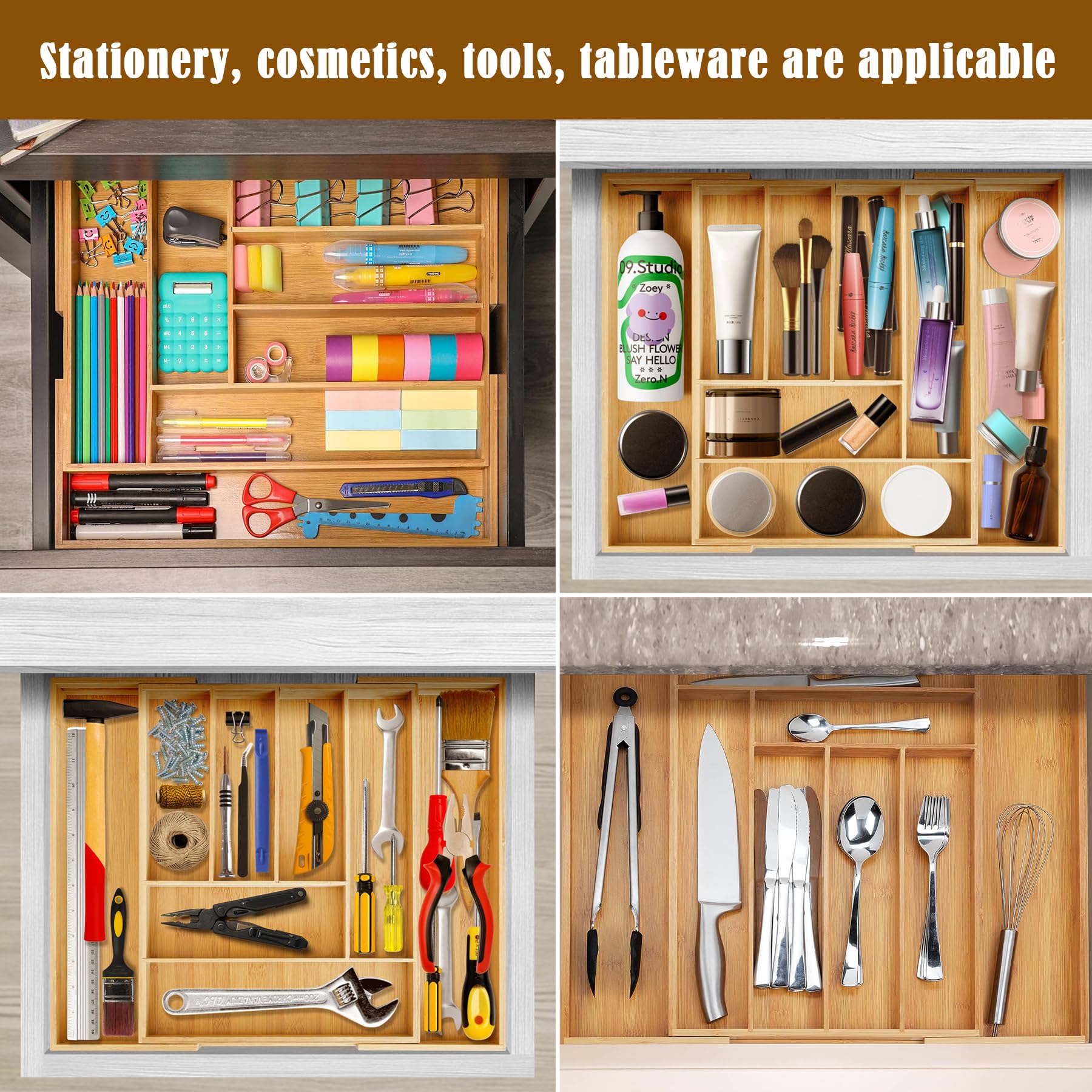 KAEASOUS Bamboo Expandable Drawer Organizer - cutlery drawer organizer for Utensils and Cutlery, silverware drawer organizer tray- Adjustable and Large Silverware Drawer Organizer for Cabinets
