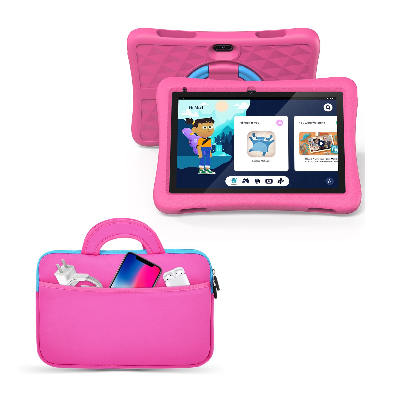 Kids Tablet, 10 inch Toddler Tablet, Google Kids Space, Teacher Approved apps with Parent Control, Eye Protection Mode, EVA Shockproof Case and Tablet Sleeve Bag Bundle, PlimPad Kids10 (Pink Set)