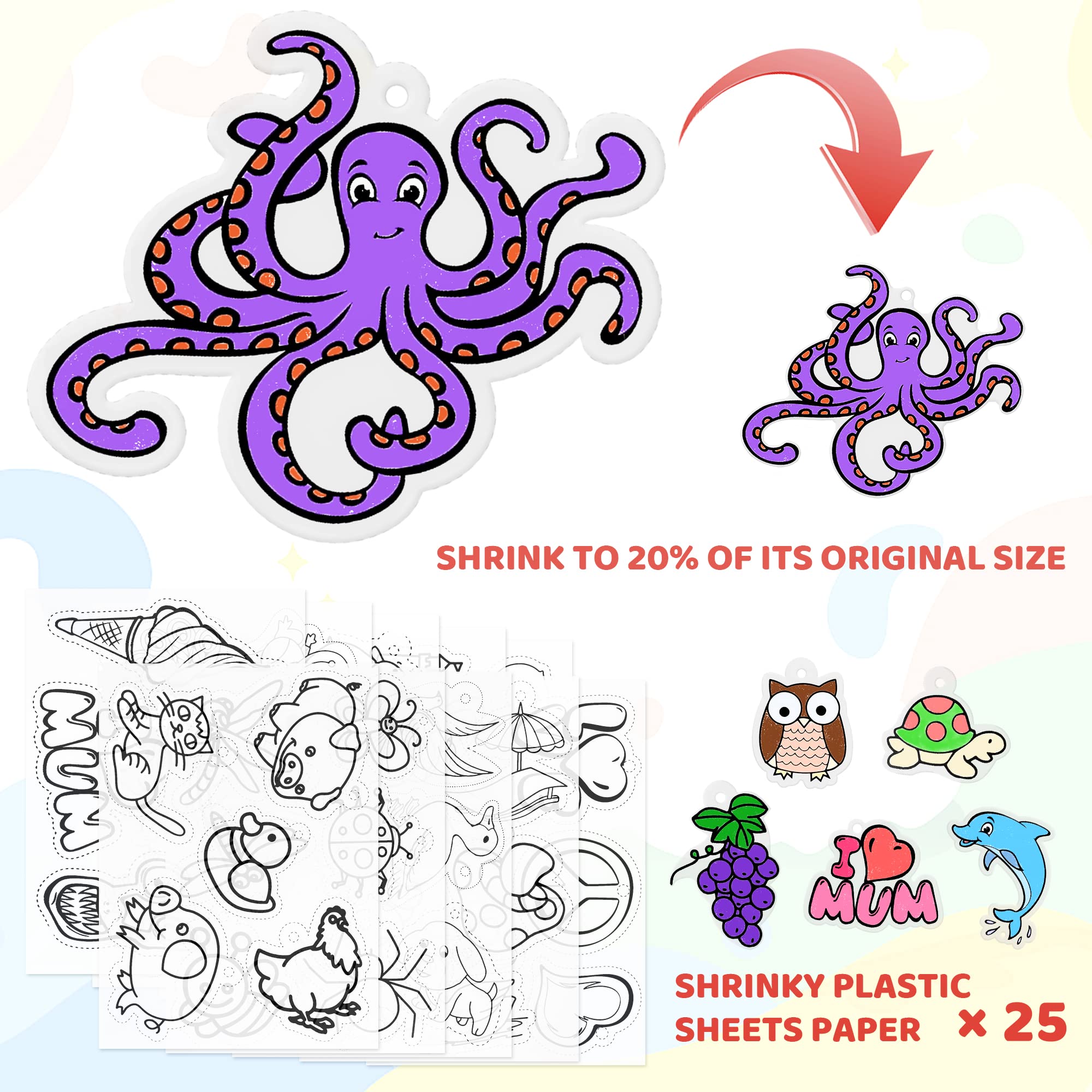 PETDCHEB Shrink Paper Kit, 160 Pieces Art Craft Kit Including 25 Patterned Shrink Plastic Sheets, Keychain and Jewelry Accessories for Kids Creative Craft Making