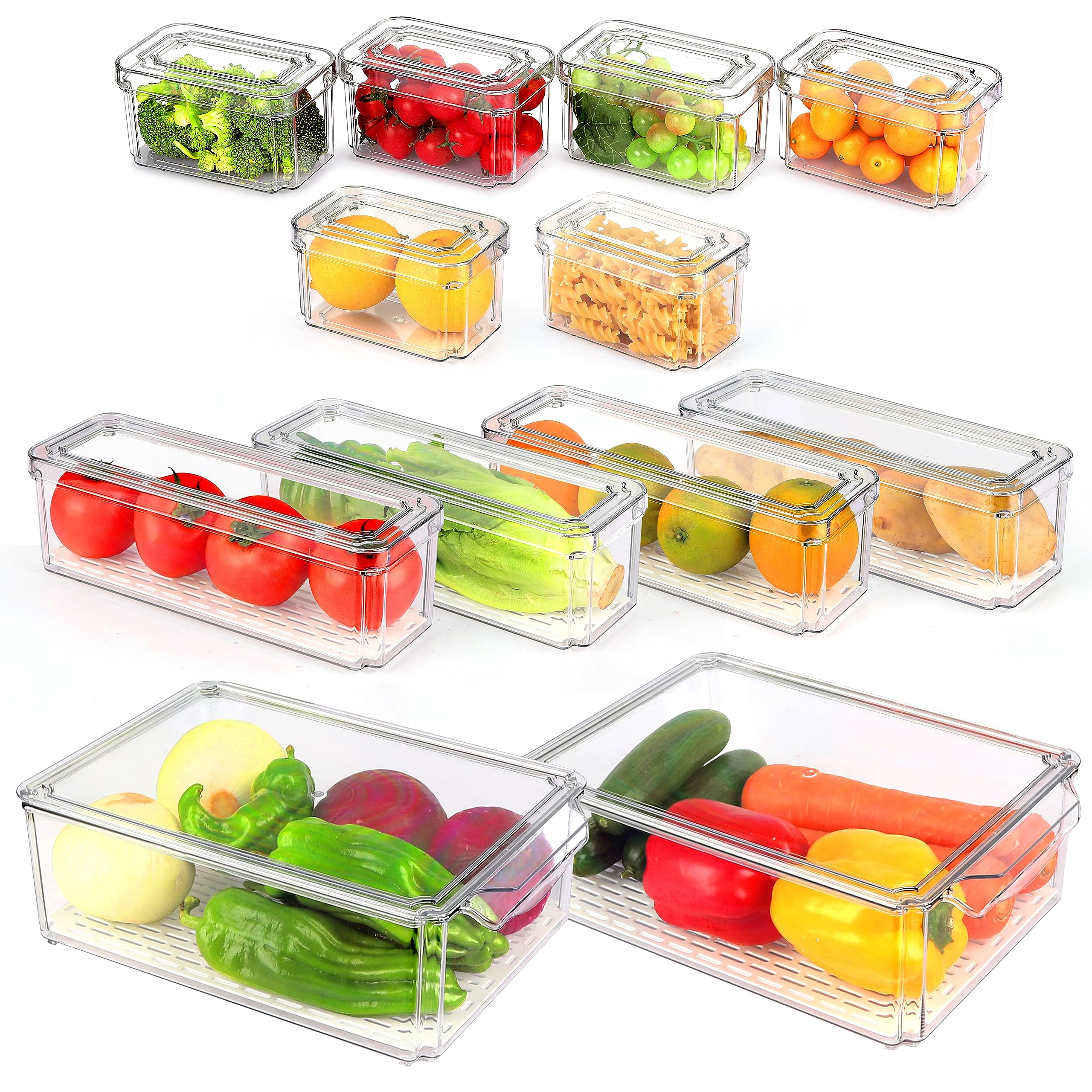 jijoe Fridge Organizer with Egg Holder, 12 Packs Stackable Refrigerator Organizer Bins with Lids, BPA-Free Produce Fruit Storage Containers for Storage Clear for Food, Drinks, Vegetable Storage