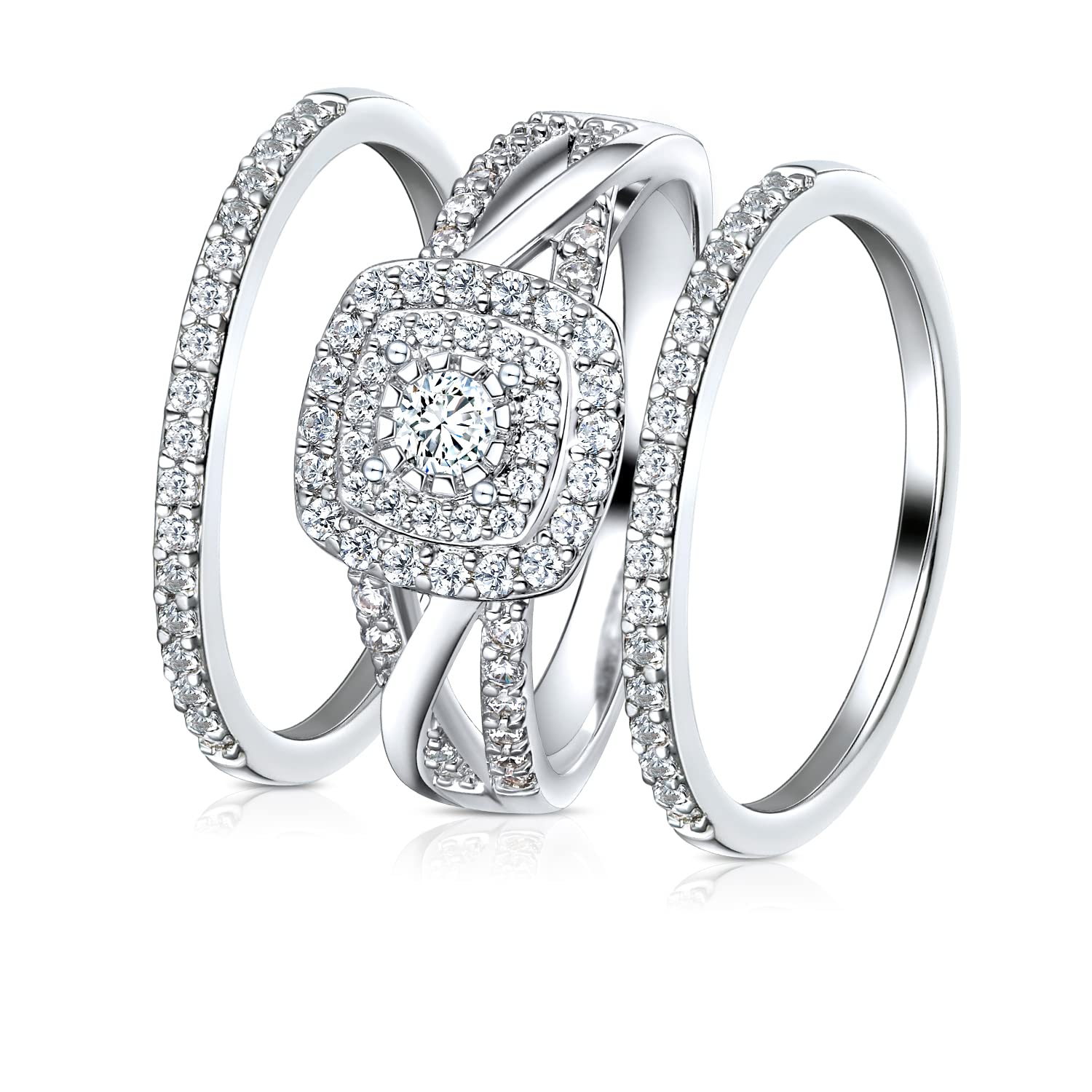 MDFUN Three-in-One Square Halo Wedding Band Set Engagement Ring 18K White Gold Plated Cubic Zirconia Promise Eternity Ring for Women Size 7
