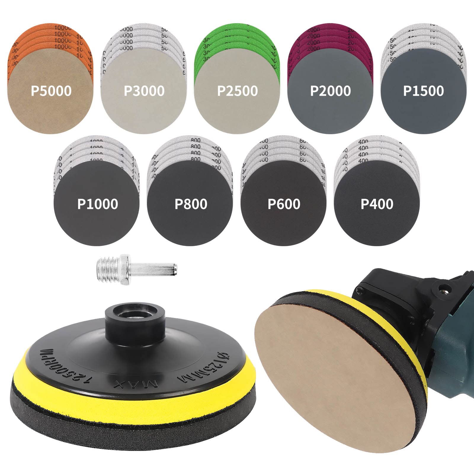 Pomsare 45PCS 5 Inch Wet Dry Sanding Discs Kit with Hook and Loop Backing Pad 5/8-11 and Foam, Angle Grinder Drill Sanding Attachment, Sander for Drill 400 to 5000 Grits Sandpaper for Wood Metal Car