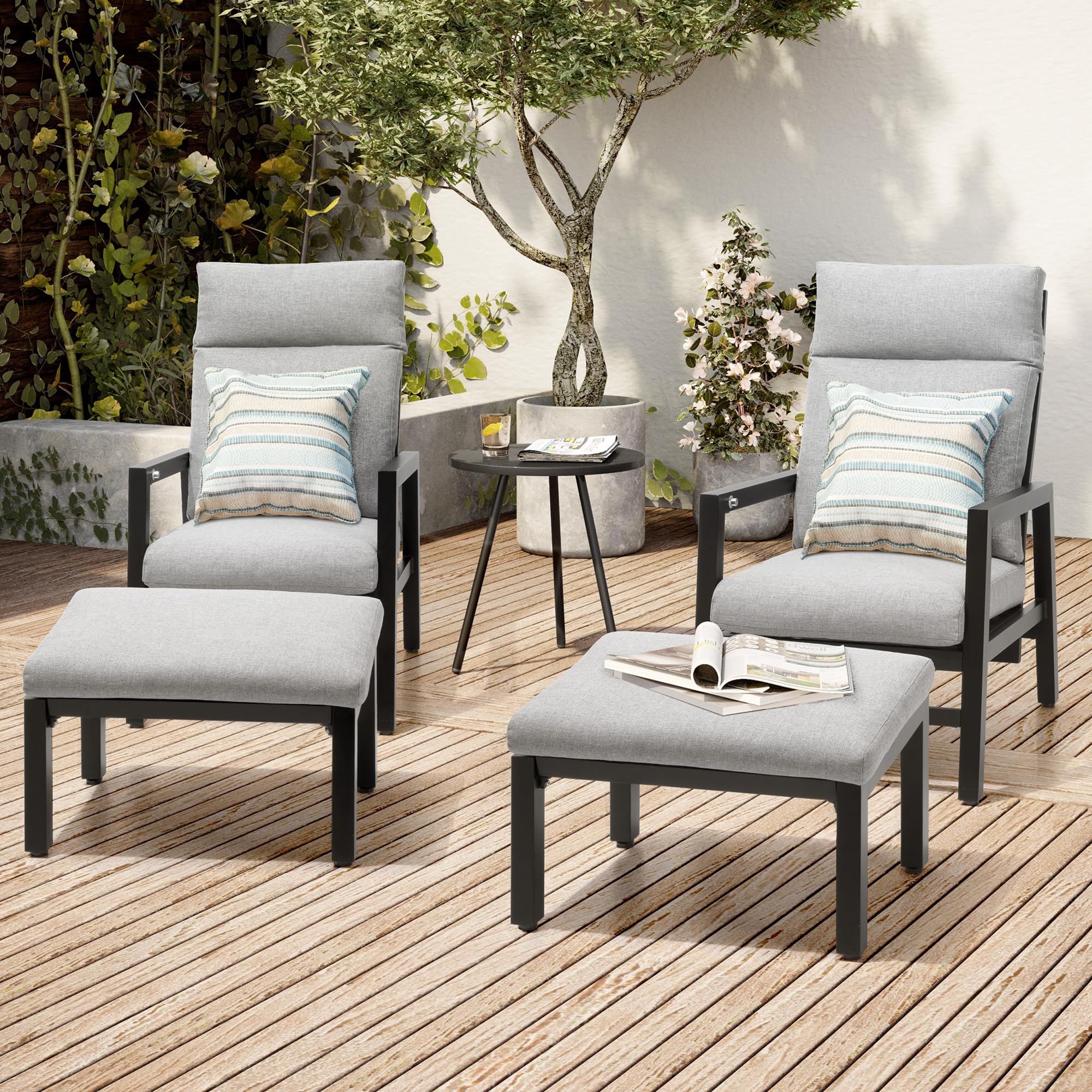 Pellebant Reclining Patio Chairs 2PC with Ottoman, Patio Reclining Chair with Cushion, Outdoor Conversation Set, All Weather Furniture for Patio, Lawn, Garden, Yard, Balcony, Poolside, Grey
