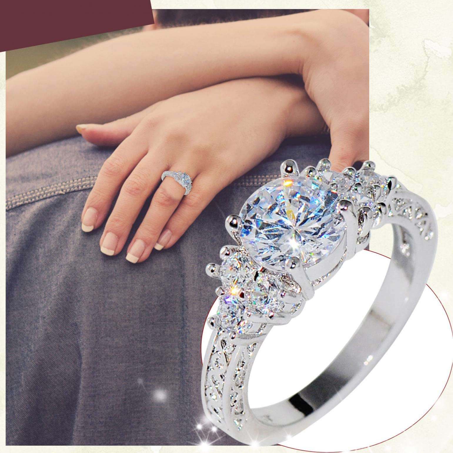 Luxury Diamond Silver Ring Bride Ring Engagement Wedding Ring Prong Setting Zircon Rings Jewelry for Your Princess, 6