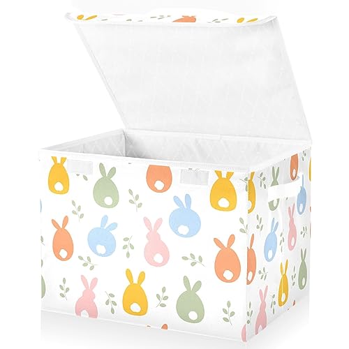 Krafig Foldable Storage Box Large Cube Organizer Bins Easter Rabbit Green Leaves Containers Baskets with Lids Handles for Closet Organization, Shelves, Clothes, Toys