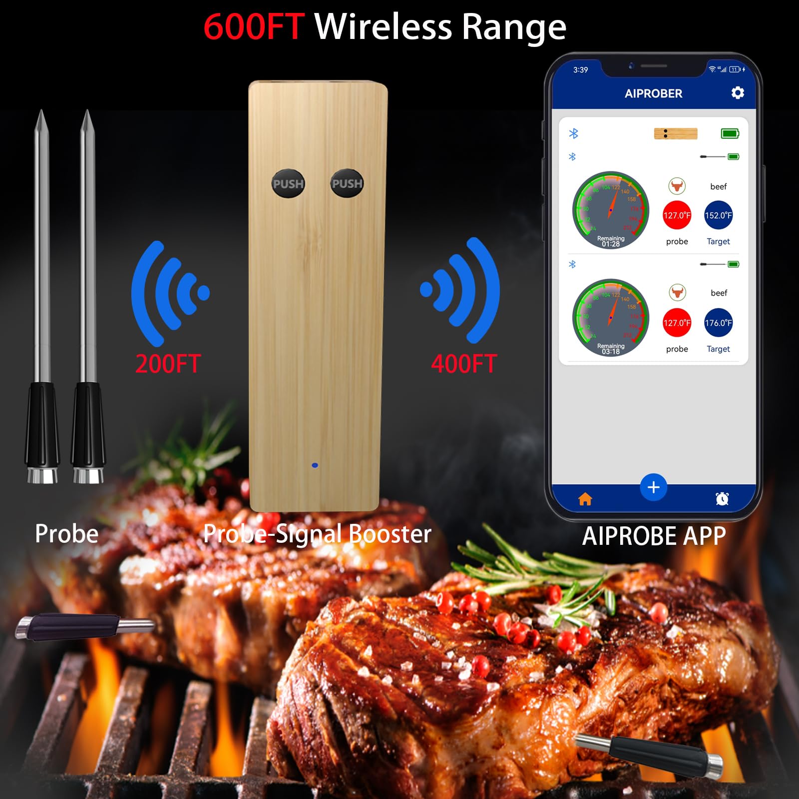 New 500FT Smart Wireless Meat Thermometer APP Control Bluetooth Wireless Digital Cooking Thermometer for Grilling and Smoking/BBQ/Oven/Smoker/Air Fryer/Stove (2*Probe)