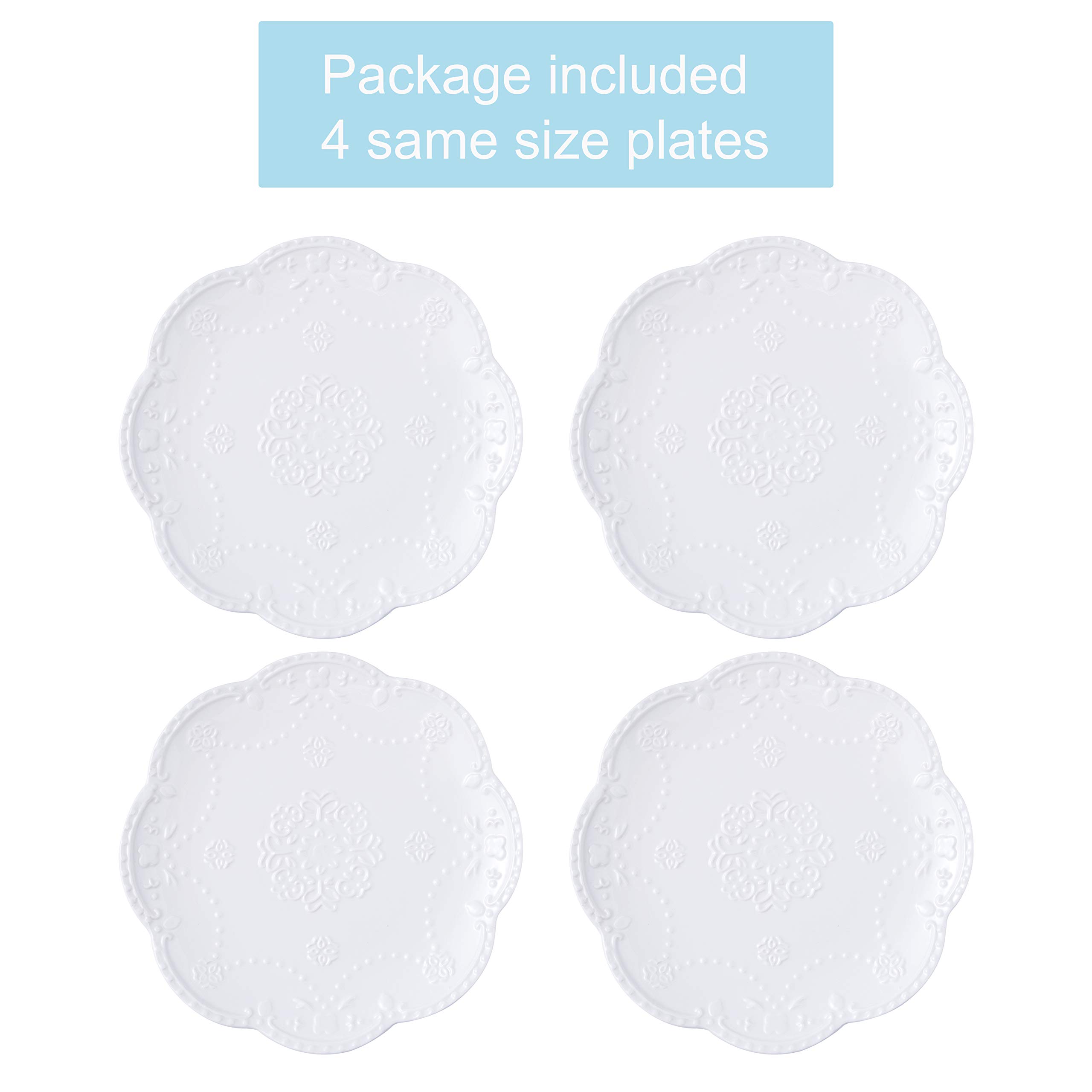 Jusalpha Embossed Lace Porcelain Plate-Dinner Plate Set, Pasta/Salad/Dessert Plate, Tableware Set for Restaurant Family Party Kitchen Use -4 Pieces, FD-PL15 (10 Inche, White)
