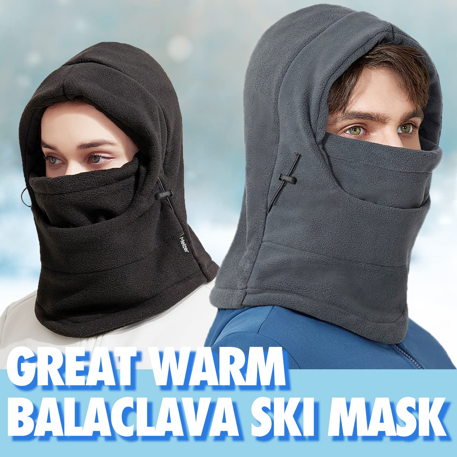 Meilzer Ski Mask for Men/Women Balaclava Face Mask Windproof Hood Adjustable Neck Warmer for Cold Weather Heavyweight (Black)