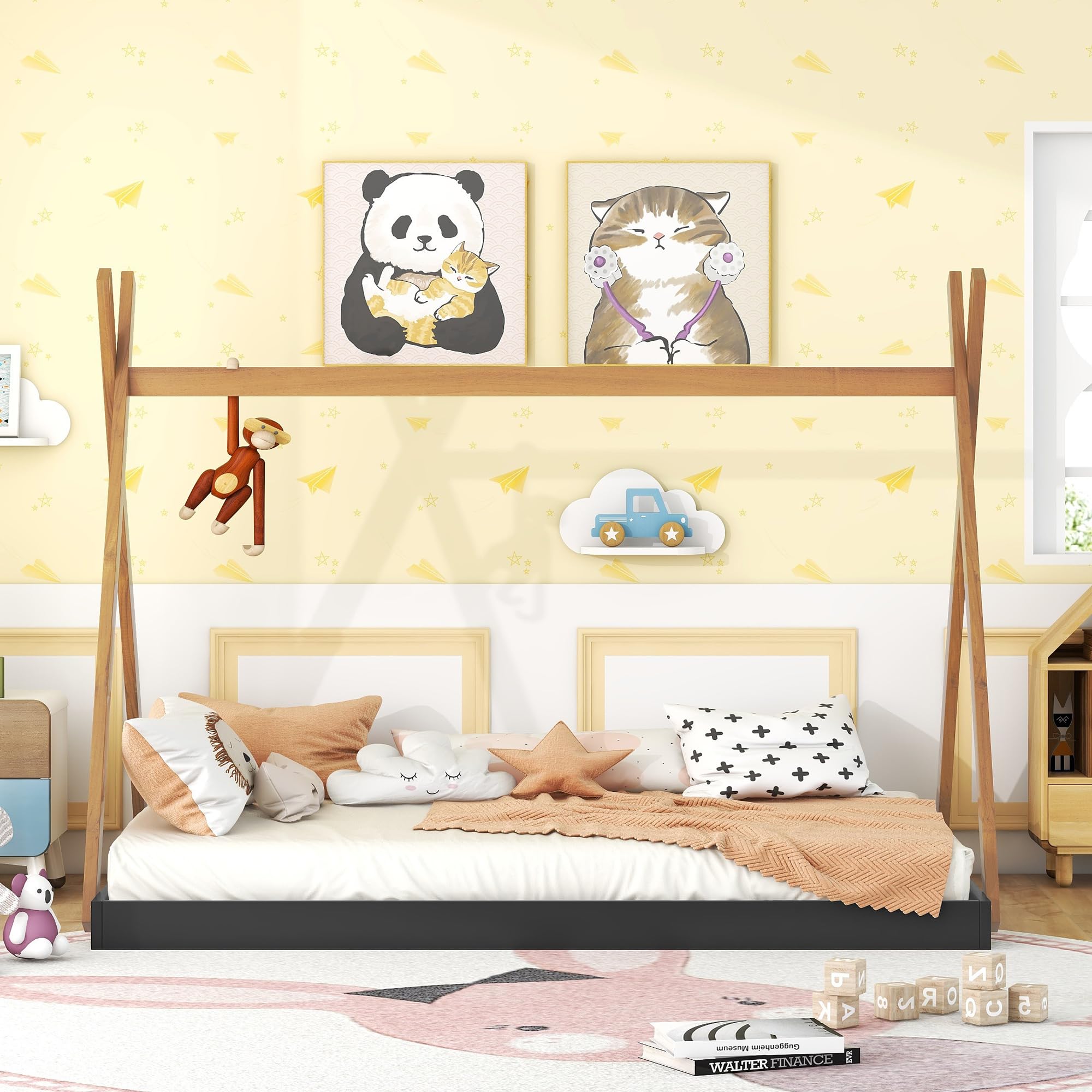 HZSSDTKJ Full Size 4-Poster Canopy Floor Bed with Support Legs, Solid Wood Canopy Platform Bed Frame with Slats Support for Kids Teens Girls Boys Adults, No Box Spring Needed (White-F1, Full)