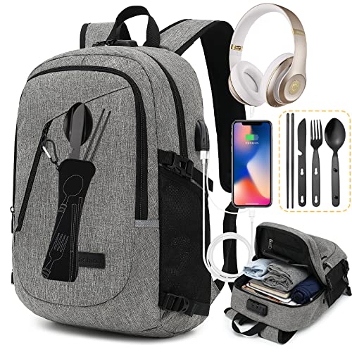 Laptop Backpack for Travel, 17.3 in for Men Women with USB Charging Port & Lock & Camping Utensils Set - Portable & Reusable Metal Travel Flatware
