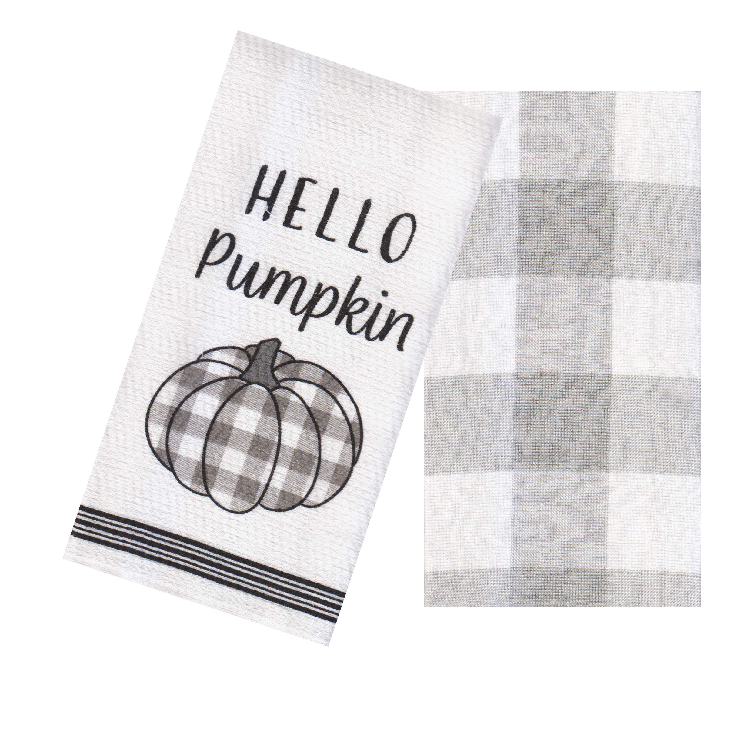 Mainstream Hello Pumpkin Kitchen Hand Towels, Grey and White Checked Buffalo Plaid, Set of 2 Coordinating Cotton Dishtowels for Fall and Thanksgiving Decorating, 16 x 26 inches