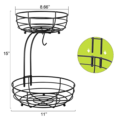 Kufutee 2-Tier Countertop Fruit Basket Bowl With Banana Hanger, Black 64 ounces