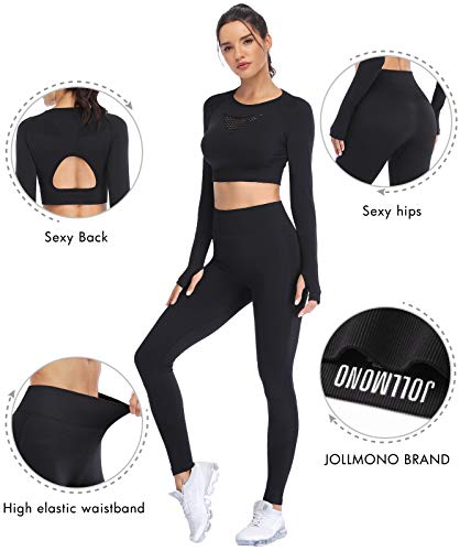 JOLLMONO Workout Sets for Women 2 Piece Yoga Gym Outfits Seamless Ribbed Leggings with Long Sleeve Tops(8003S-Black)