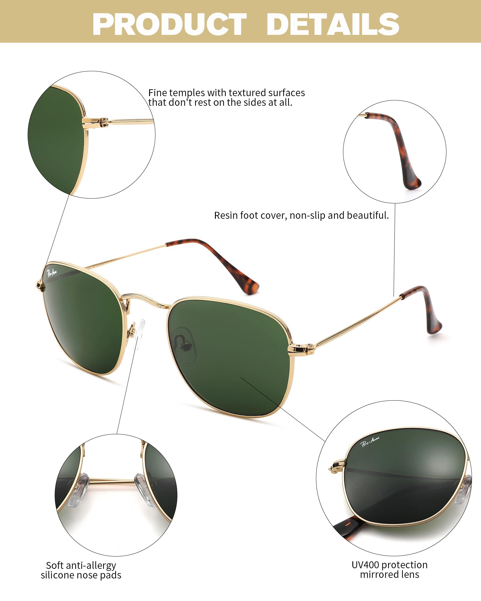 Pro Acme Classic Square Sunglasses,Vintage Metal Frame Trendy Shade Sun Glasses 100% Real Glass Lens(Gold/grey)
