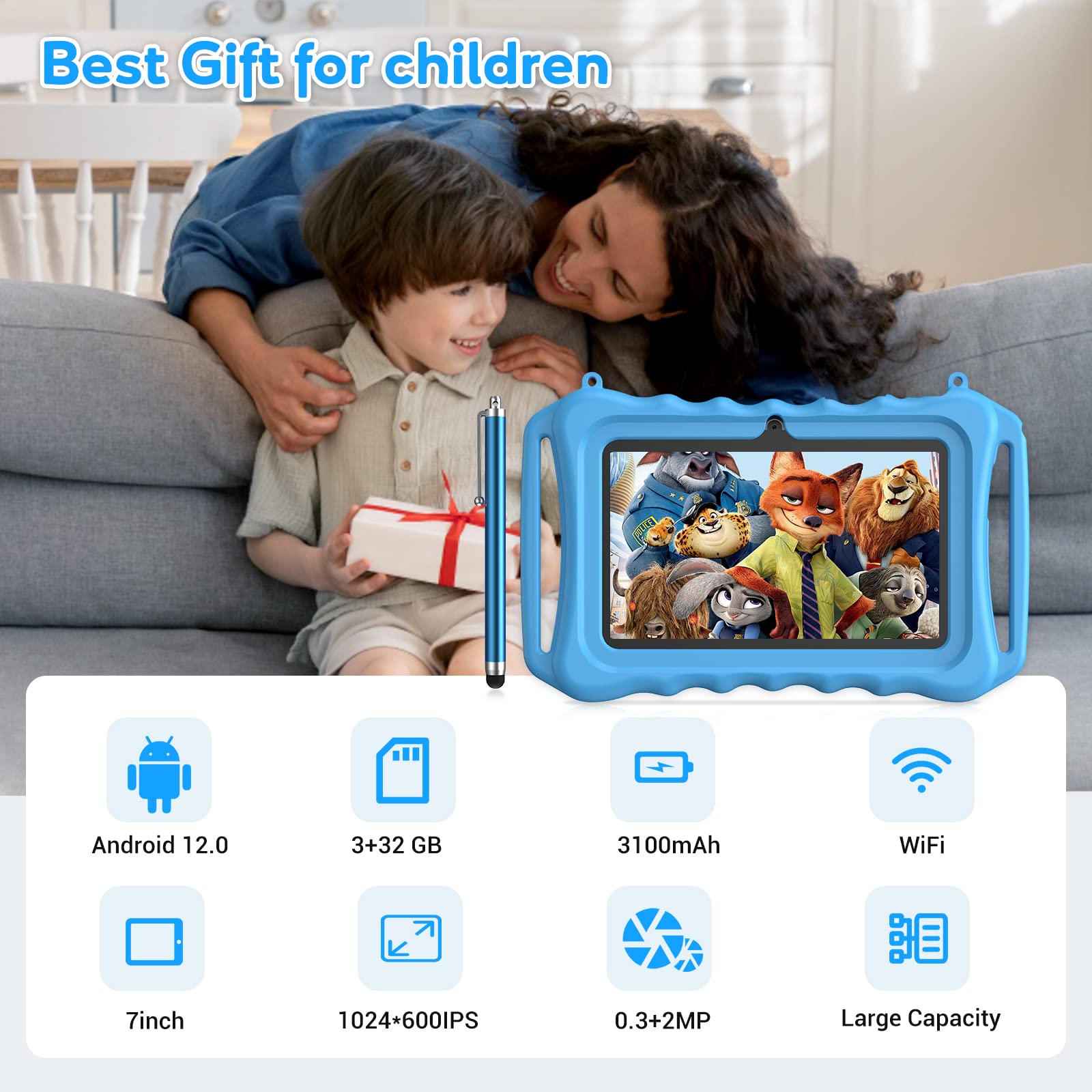 Kids tablet,7 inch Tablet for Toddlers 3GB RAM 32GB ROM, Android 12.0 Tablet for Kids with Dual Camera, WiFi, Bluetooth, Parental Control, Shockproof Case, YouTube, Netflix,Toddler Tablet for Children