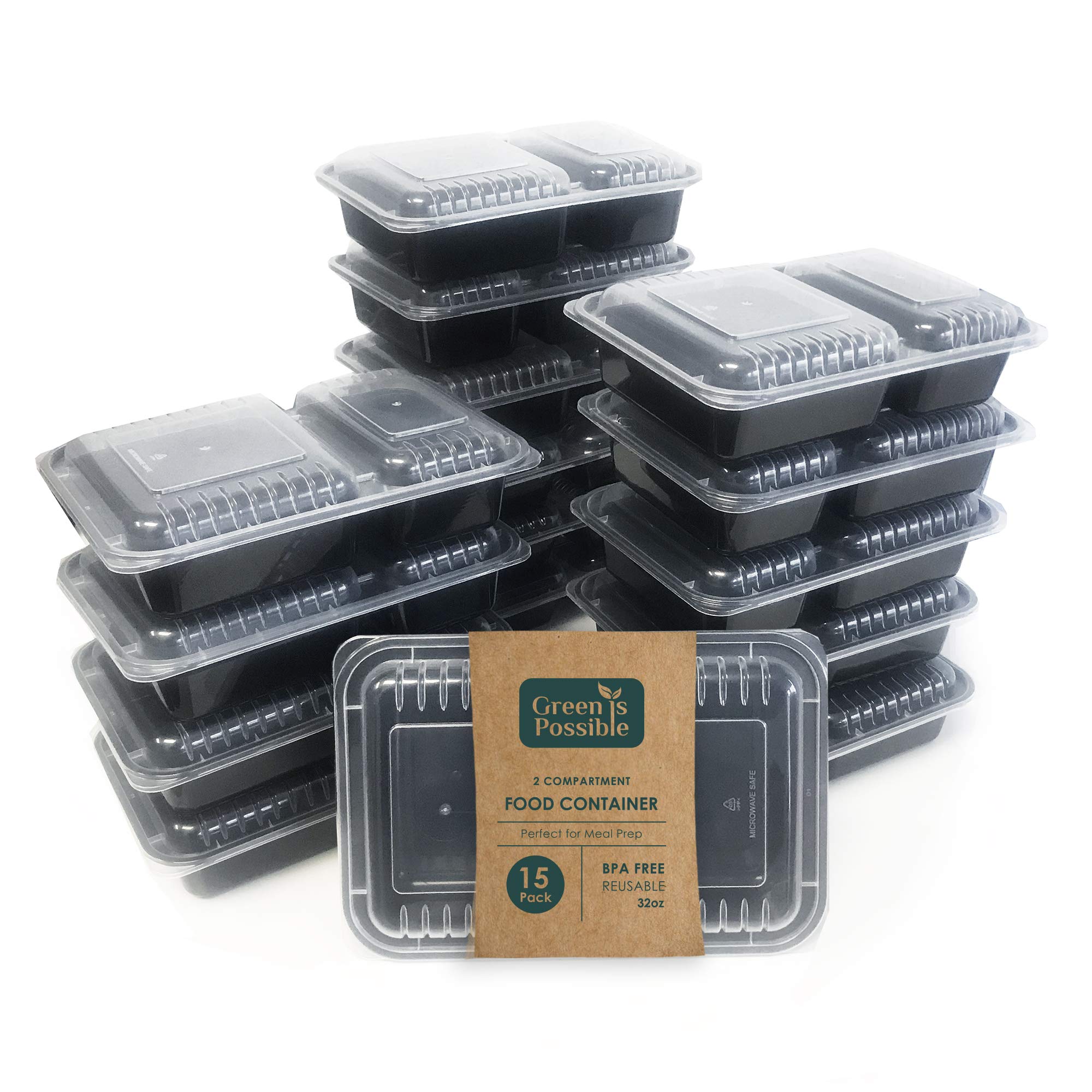 Meal Prep Containers pack | 2 compartment | 32oz | 15 sets per pack.