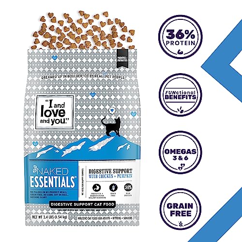 I and love and you Naked Essentials Dry Cat Food - Chicken + Pumpkin for Digestive Support - Grain Free, Real Meat, Prebiotics + Probiotics, 3.4lb Bag