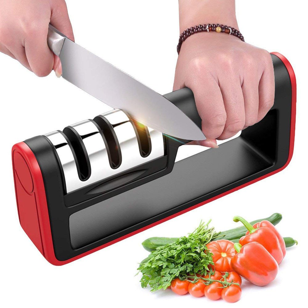N/AX Sharp-Edged Stone Fast Sharpener Tool Kitchen Sharpening Three-Stage Kitchen,Dining & Bar (Black and red)