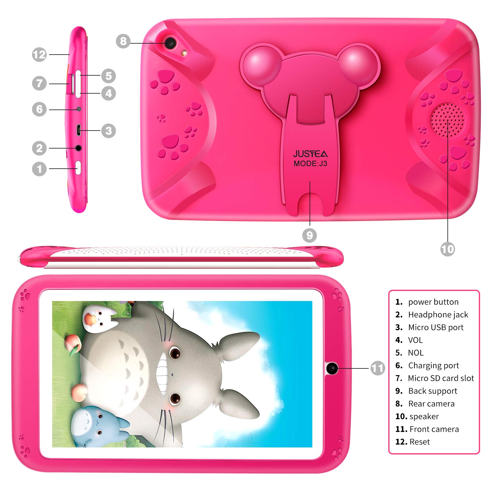 JUSYEA Kids Tablet 7 inch Android 10.0 - Kids for Tablet with Case - Quad Core - RAM 1GB | 16GB ROM - Kids Edition Tablets J3-3000mAh Battery | WiFi | Bluetooth, Entertainment | Education (Pink)