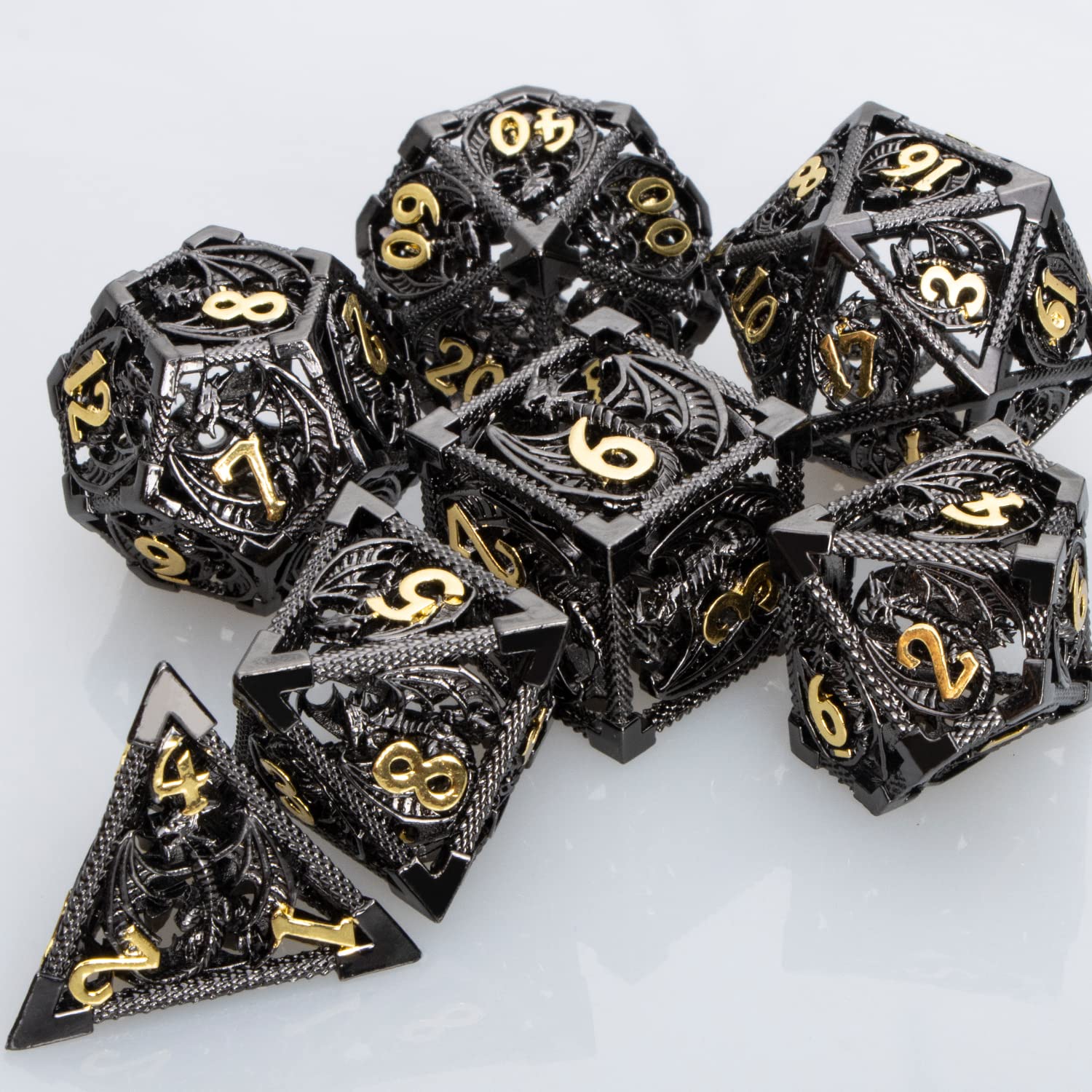 ORIFANTOU Hollow Metal Dice Set Gold Black DND Dice with Gift Box, 7PCS D and D Dice Role Playing Game Dungeons and Dragons RPG Polyhedral Dice Cool D&D Dice Set