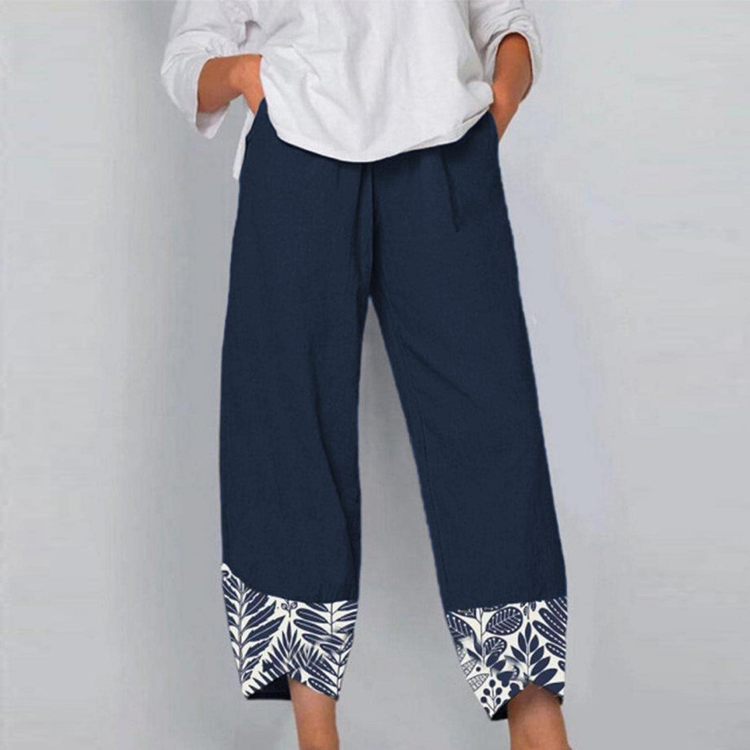 Lovely Nursling Summer Pants for Women Casual Pockets Cotton Linen Wide Leg Drawstring Elastic Waist Capris Crop Pants