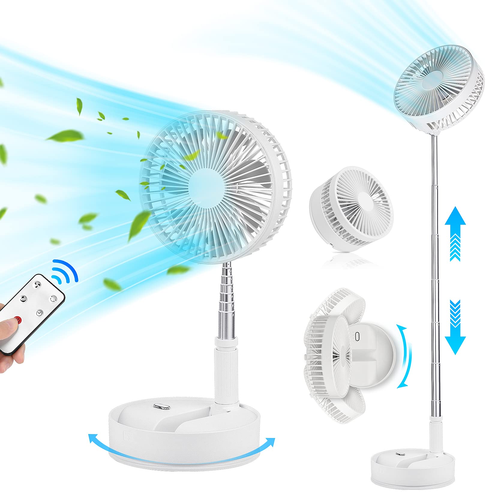 Oscillating Portable Standing Fan for Travel, 7200mAh Rechargeable Battery USB Powered Floor Table Fans, 8" Mini Quiet Folding Pedestal Fans with Remote Control for Personal Bedroom Office, White