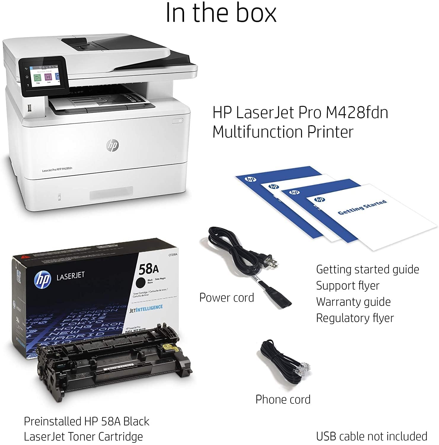 HP Laserjet Pro MFP M428fdn All-in-One Wired Ethernet Monochrome Laser Printer, White- Print Scan Copy Fax- 2.7" Touchscreen, 40 ppm, 1200 dpi, Auto 2-Sided Print, 50-Sheet ADF, Tillsiy Printer Cable