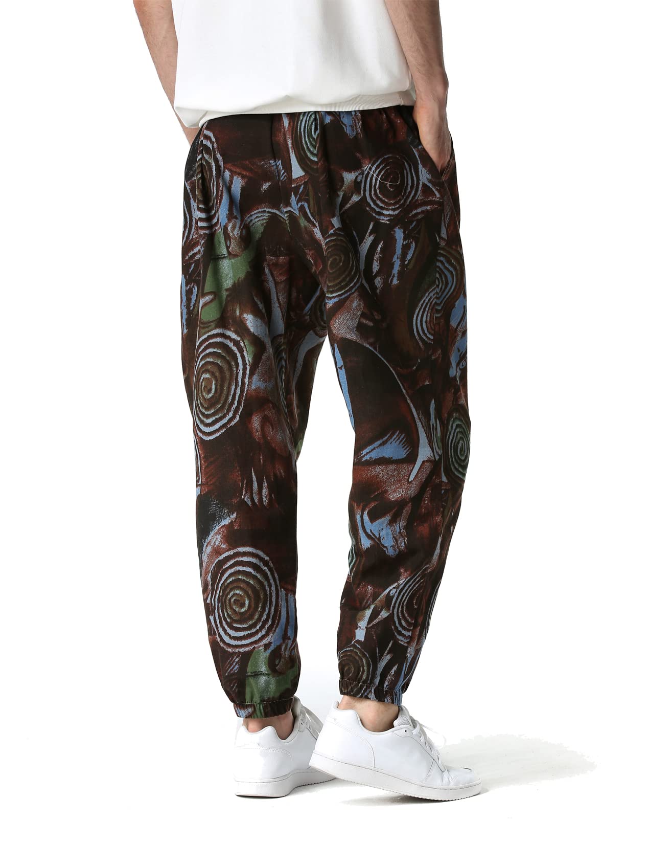 LucMatton Men Retro Ethnic Style Pattern Print Hippie Jogger Sweatpants 80s Party Bohemia Elastic Baggy Pants Brown Trousers Medium