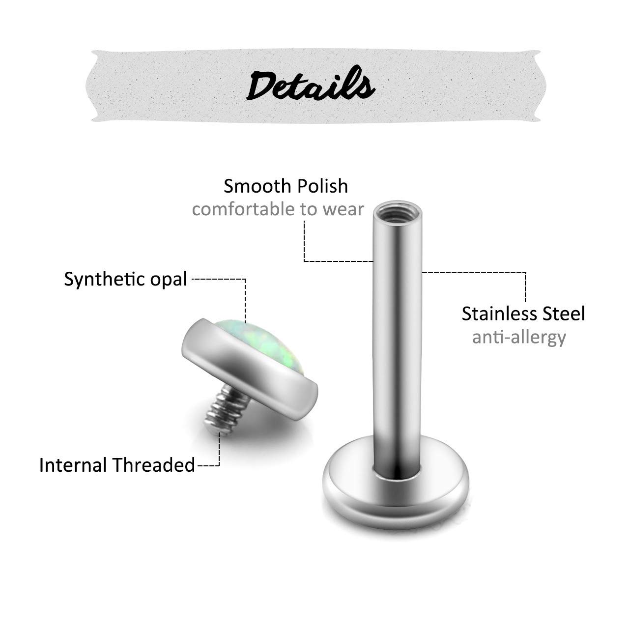 Jovivi 12pcs 16G Stainless Steel Created-Opal Monroe Labret Rings Lip Stud Tragus Cartilage Piercing Jewelry 8mm for Men Women