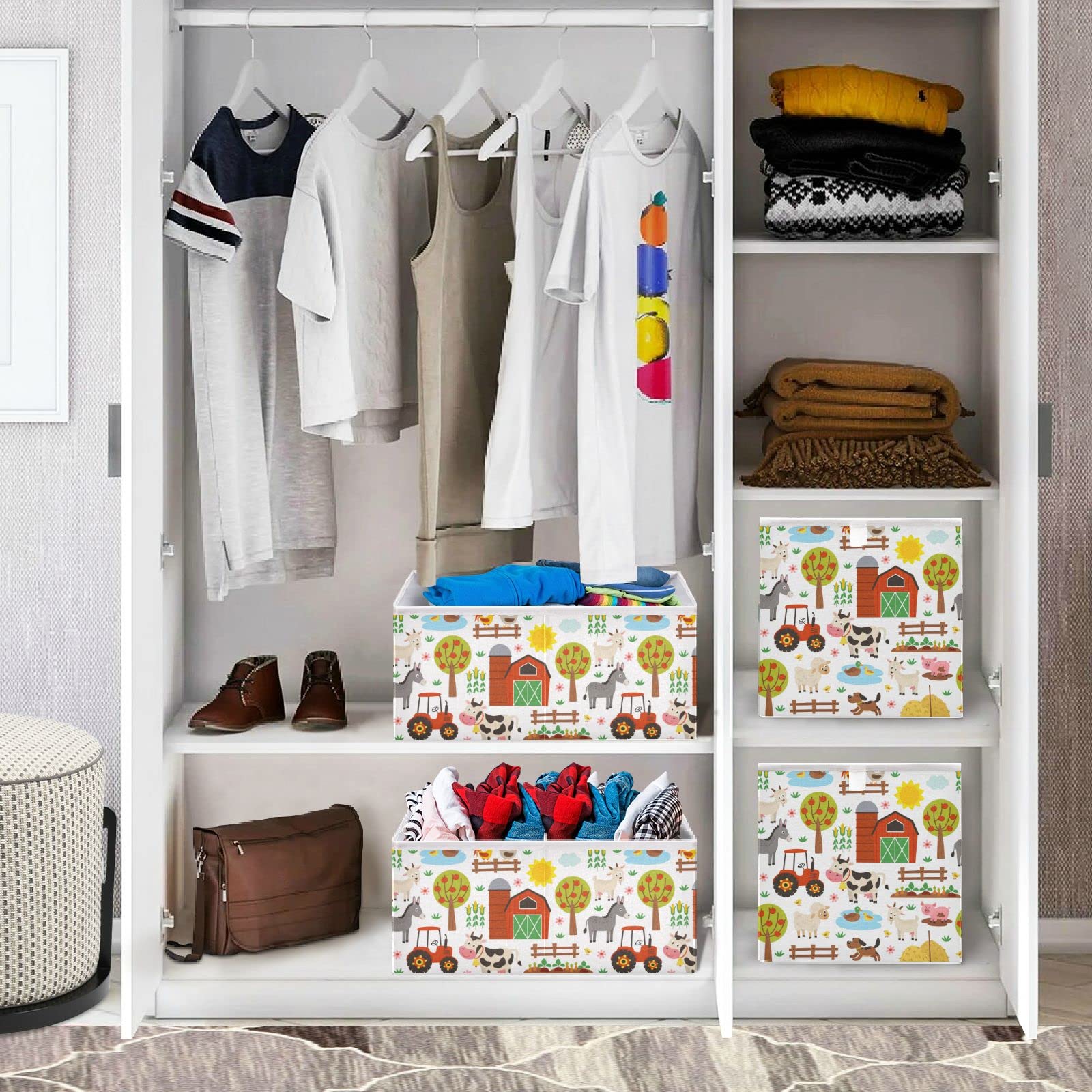 Kigai Farm Animals Cube Storage Bin, Large Foldable Organizer Basket for Toys, Shelves, Laundry, Nursery -11 x 11 x 11 in
