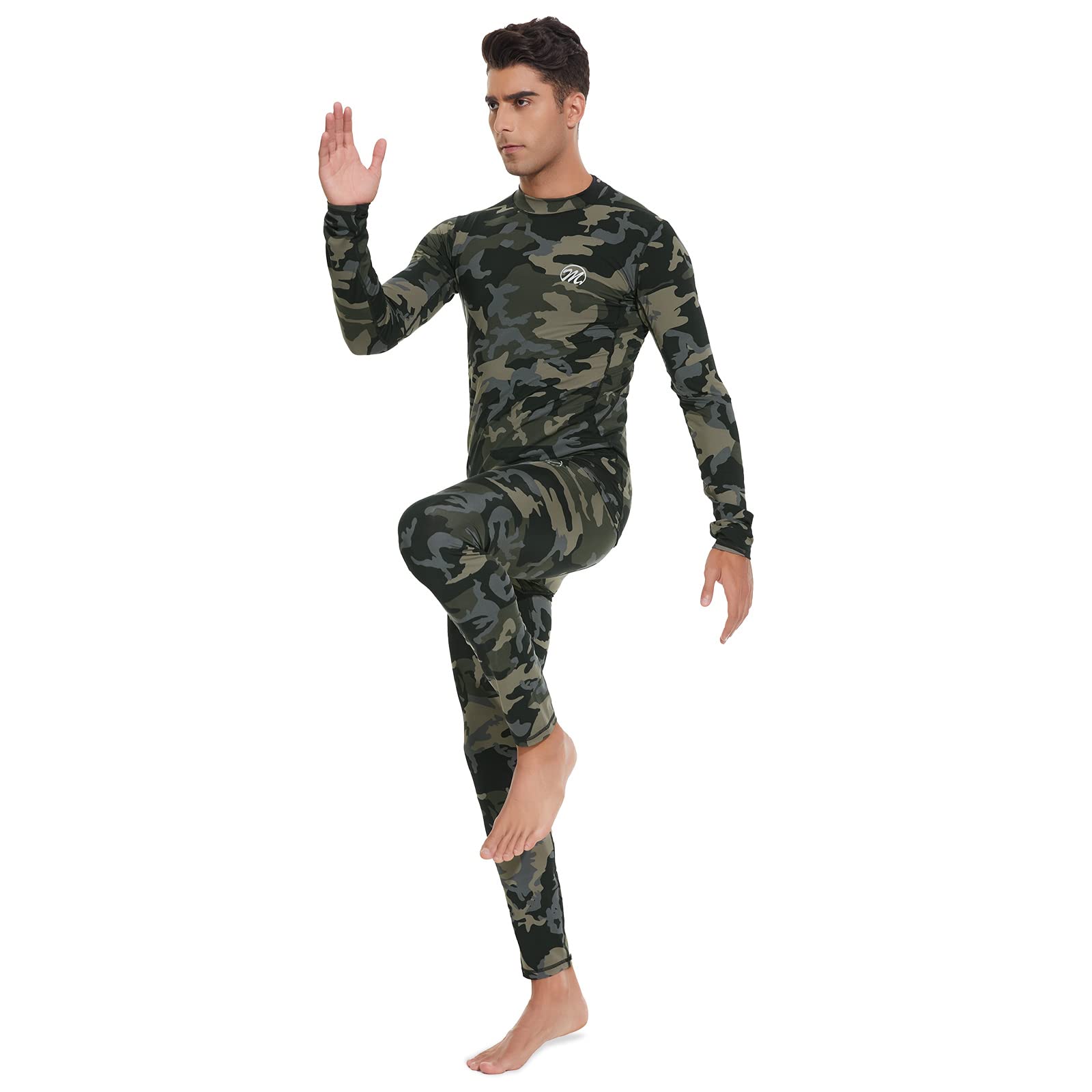 MeetHoo Men’s Thermal Underwear Set, Compression Base Layer Sports Long Johns Fleece Lined Winter Gear Running Skiing, Camo, Large