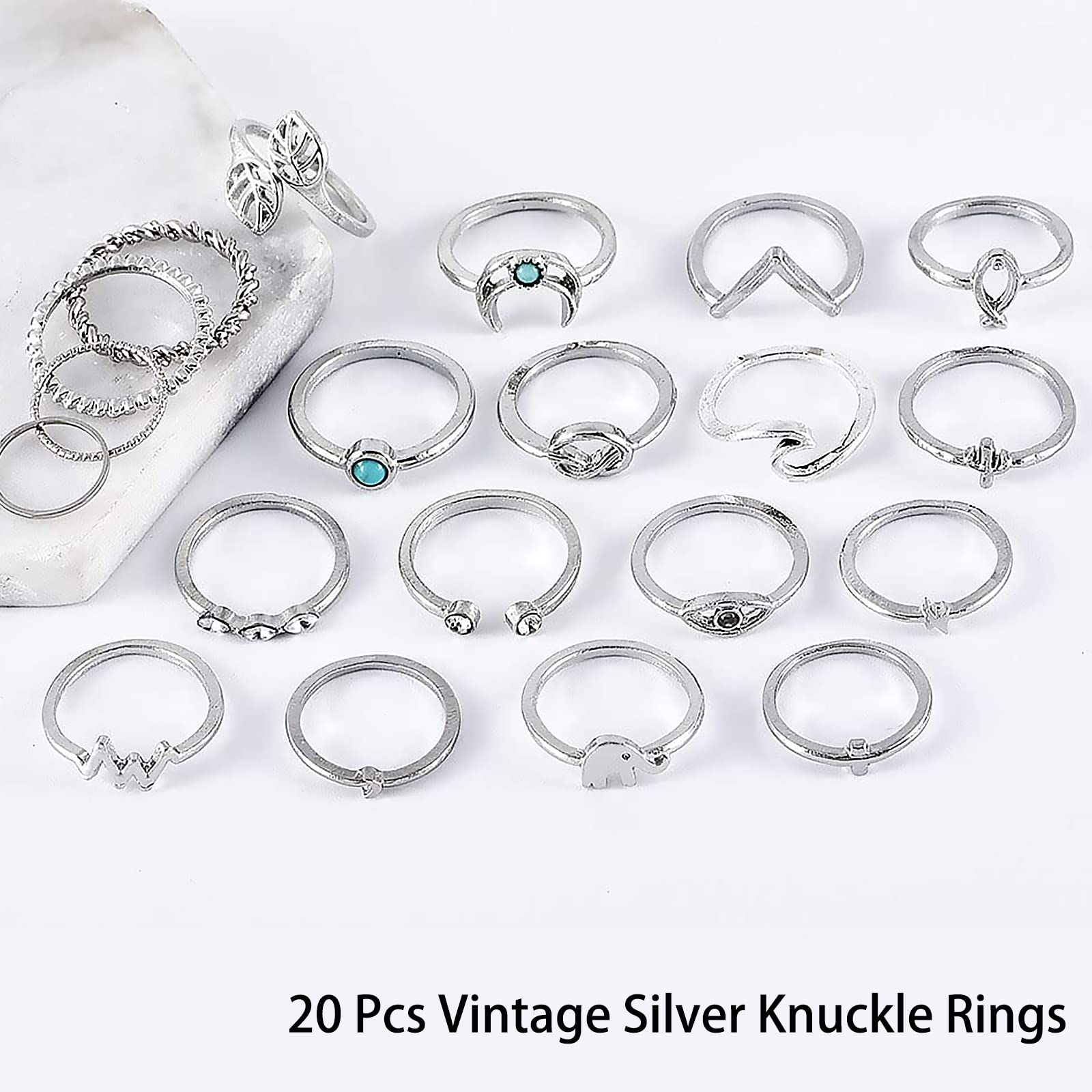 Lwsengme 20PCS Silver Knuckle Rings for Women Bohemian Stackable Joint Finger Rings Retro Rhinestone Crystal Stacking Rings for Teens Girls Women(Silver-20pcs)