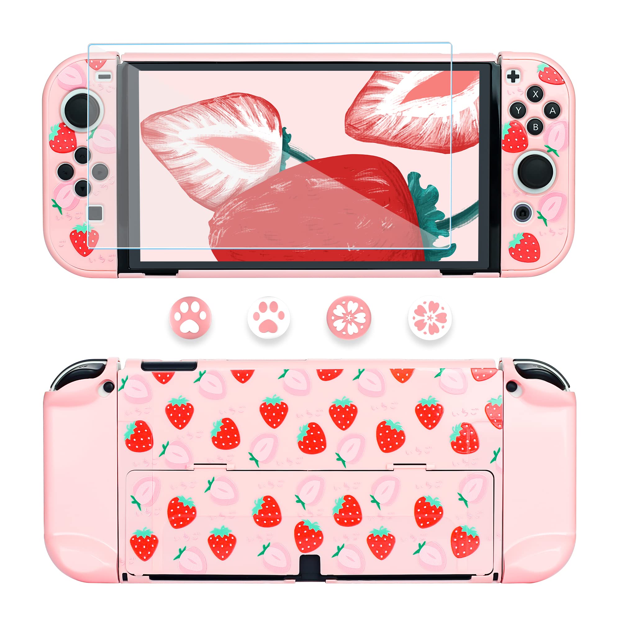 LASTYAL Sweet Strawberry Case Compatible with Nintendo Switch OLED 2021, Cute PC Pink Protective Cover for Switch OLED Console and Joycon with Screen Protector and 4 Thumb Caps