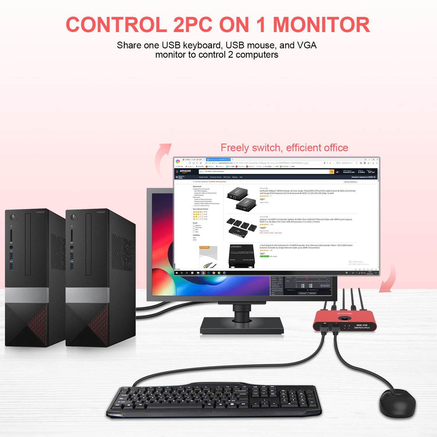 KVM Switch HDMI 2 Port 4K,AVMTON KVM HDMI Switches Box 2 in 1 Out,for 2PC Share 1 Monitor and One Keyboard Mouse,KVM Switch Displayport,Support 4K@30Hz 3D 1080P and Hotkey Switch