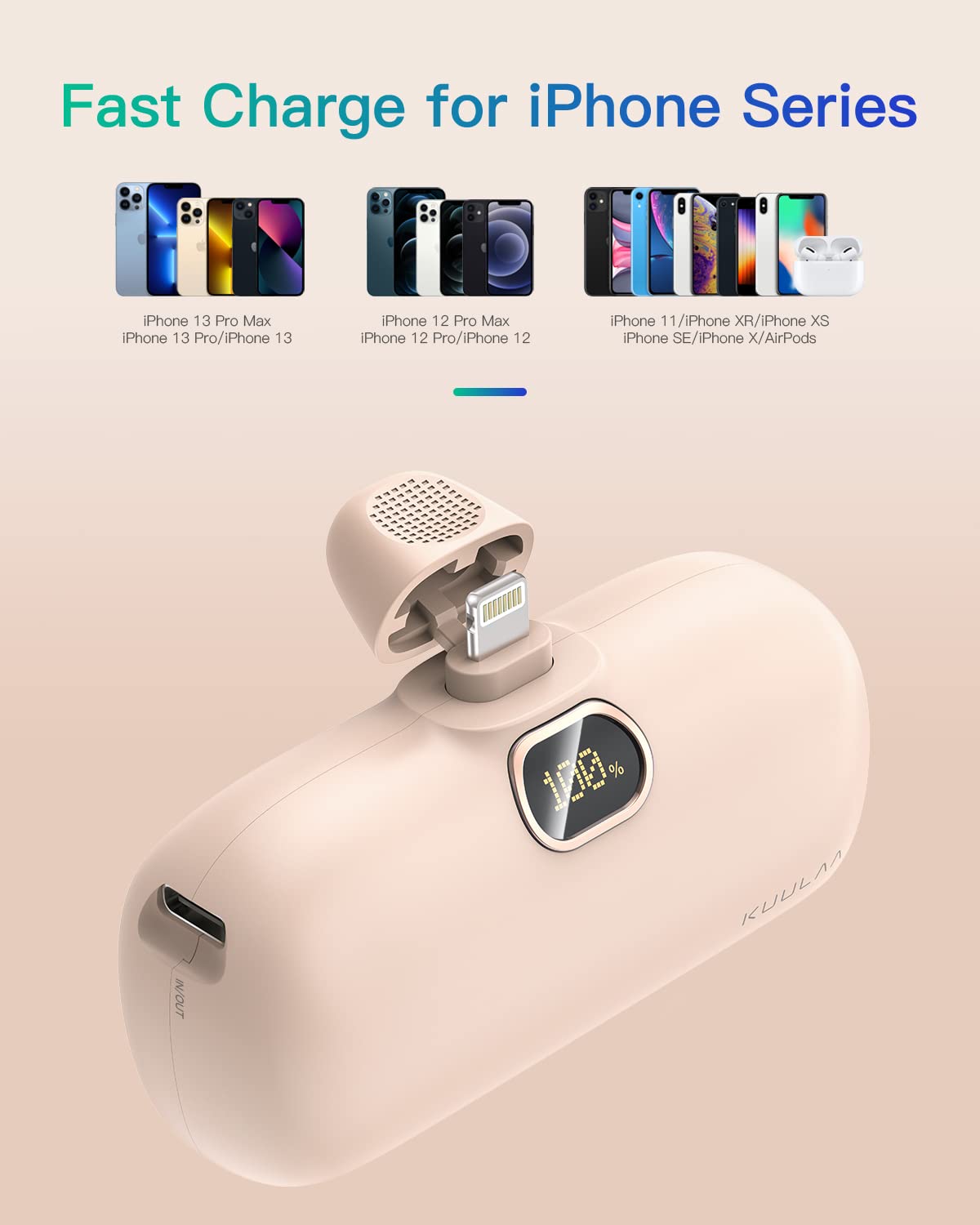 Kuulaa Small Portable Charger iPhone with Built-in Lightning Cable & Mini USB C Power Bank Fast Chargingfor Samsung