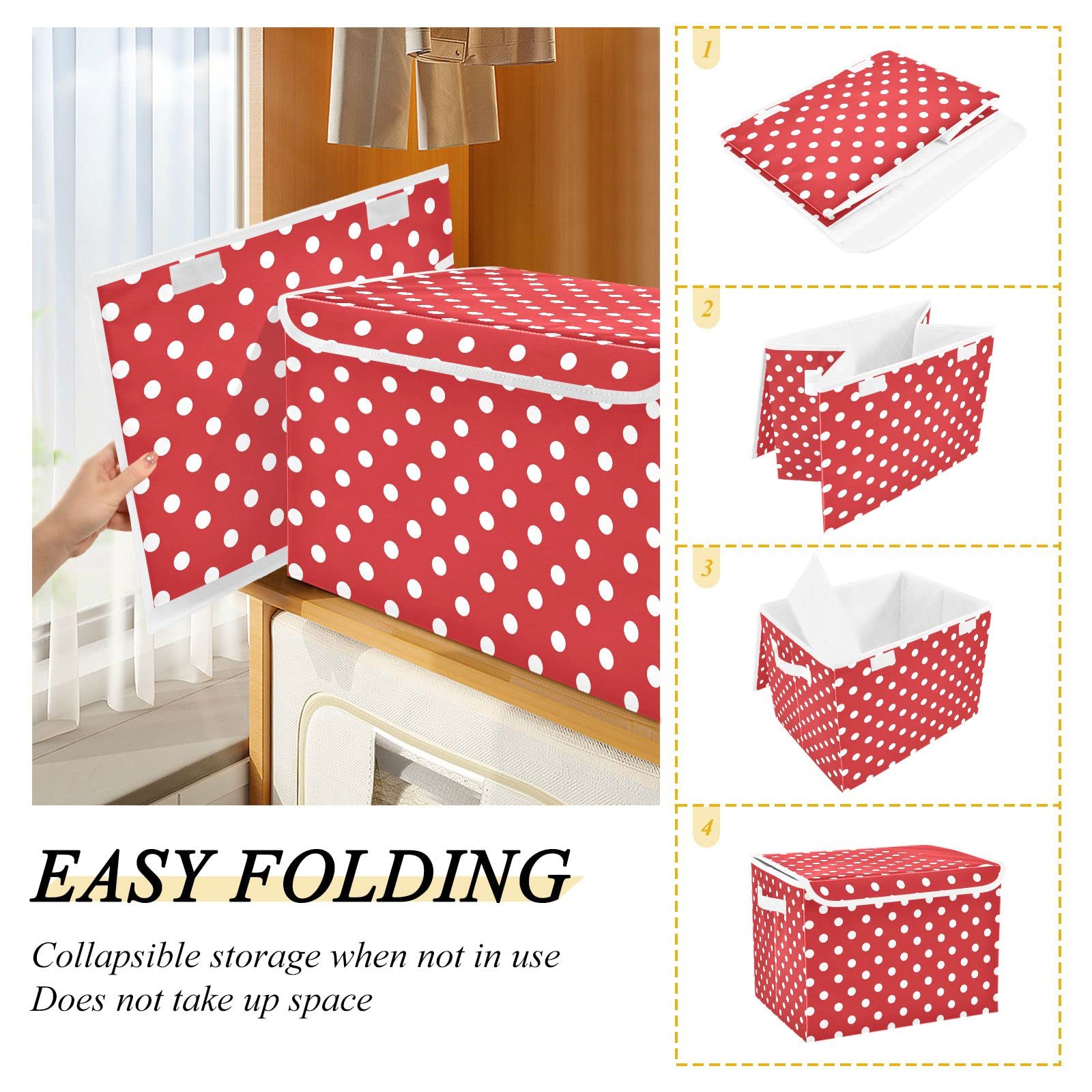 Kigai Storage Basket Red and White Polka Dot Storage Boxes with Lids and Handle, Large Storage Cube Bin Collapsible for Shelves Closet Bedroom Living Room, 16.5x12.6x11.8 In