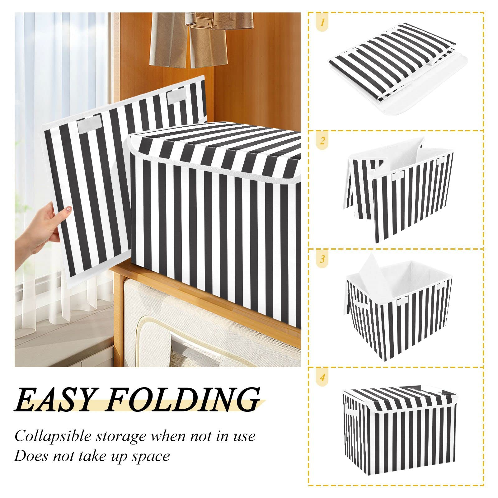 Kigai Storage Basket Black and White Stripes Storage Boxes with Lids and Handle, Large Storage Cube Bin Collapsible for Shelves Closet Bedroom Living Room, 16.5x12.6x11.8 In