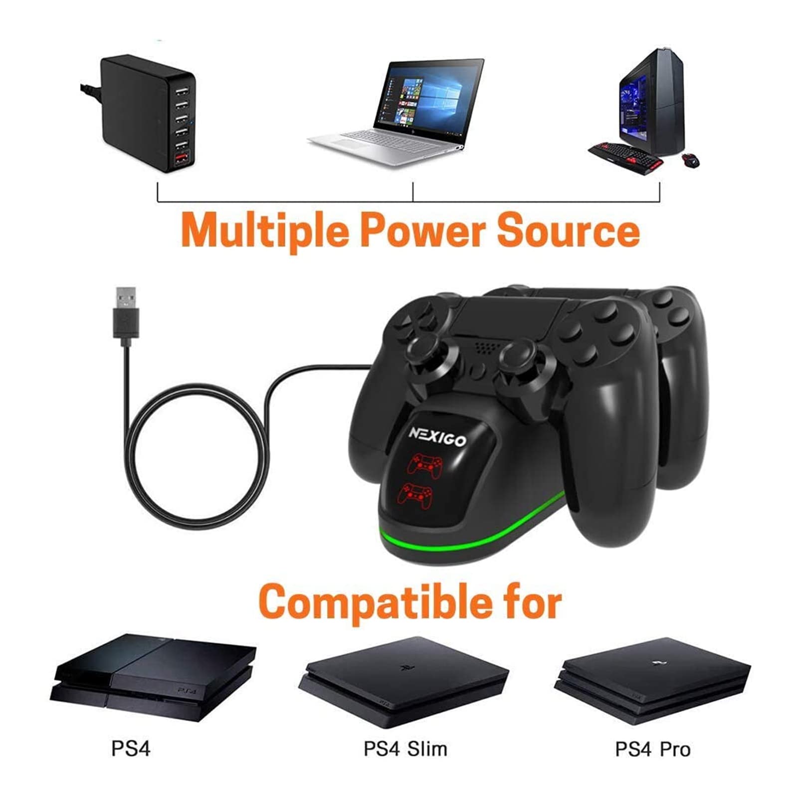 NexiGo PS4 Controller Charger, Wireless Charger Dual USB Fast Charging Dock for PlayStation 4 Controller, DualShock 4 Charging Station with LED Indicator, Black